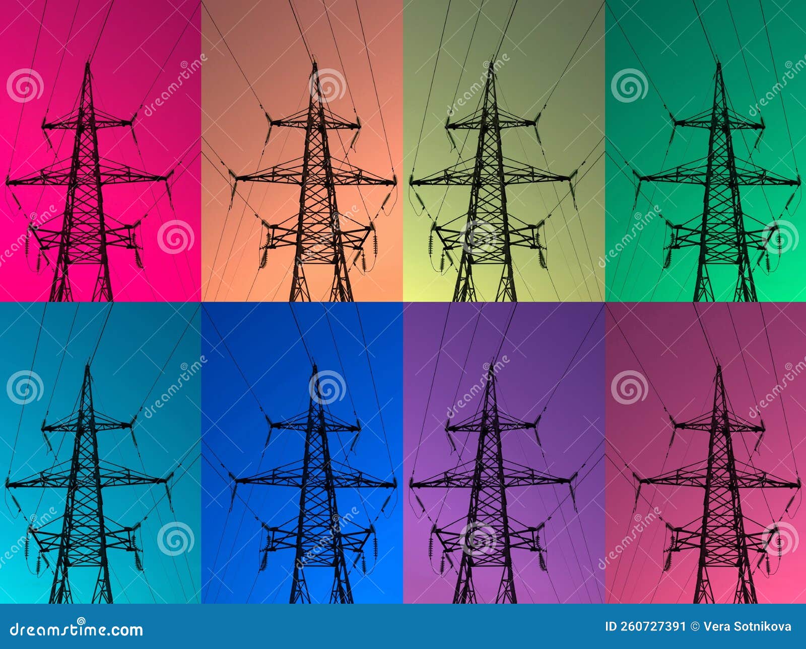 High Voltage Electric Tower Silhouette on Bright Background. Collage ...