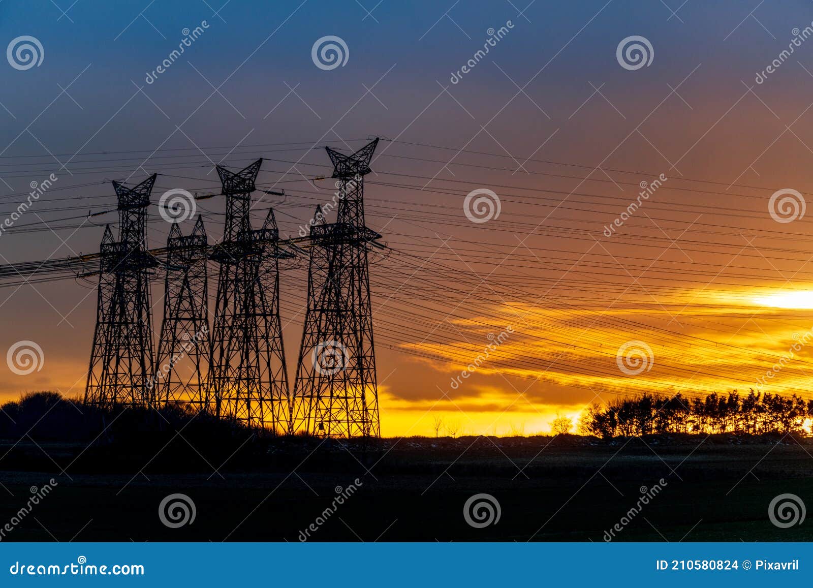 Electric Tower on Sunset Time and Sky on Sunset Background. Power Tower ...