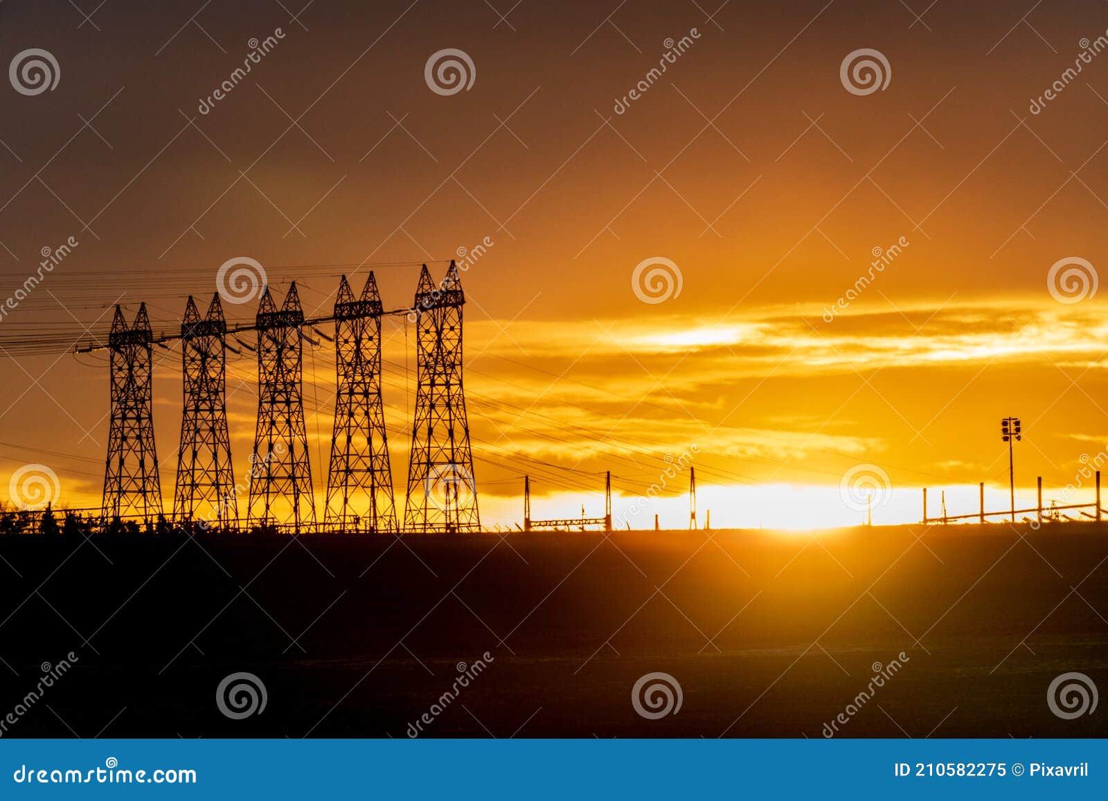 Electric Tower on Sunset Time and Sky on Sunset Background. Power Tower ...