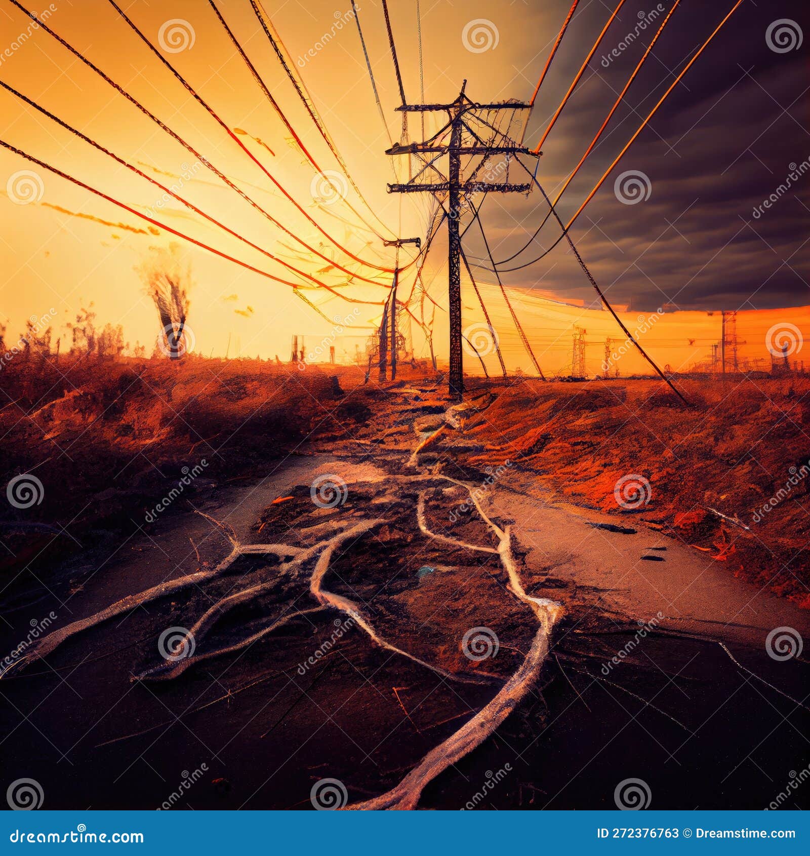 High Voltage Electrical Cables on Ground after Storm and Power Line ...