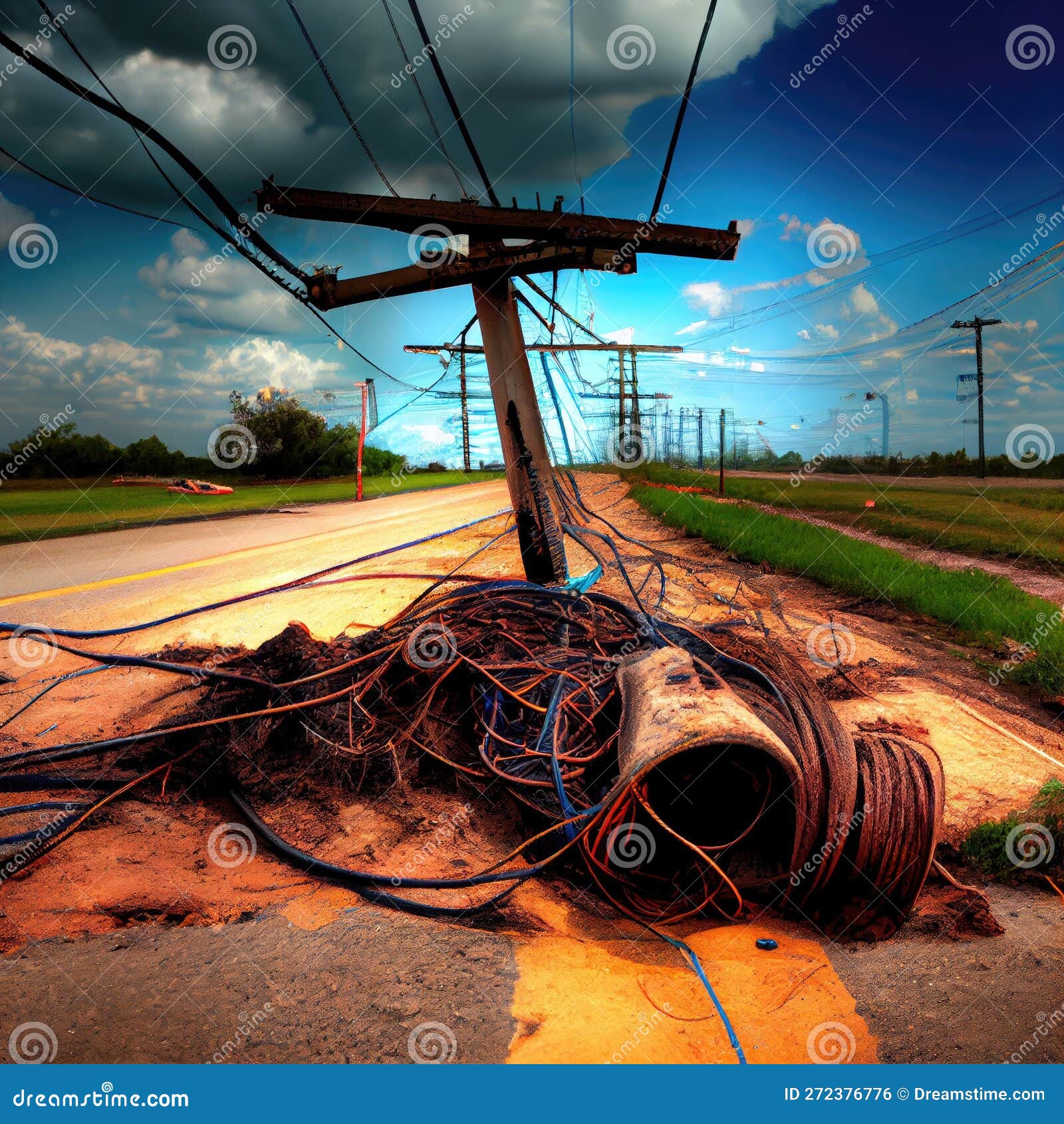 High Voltage Electrical Cables on Ground after Storm and Power Line ...