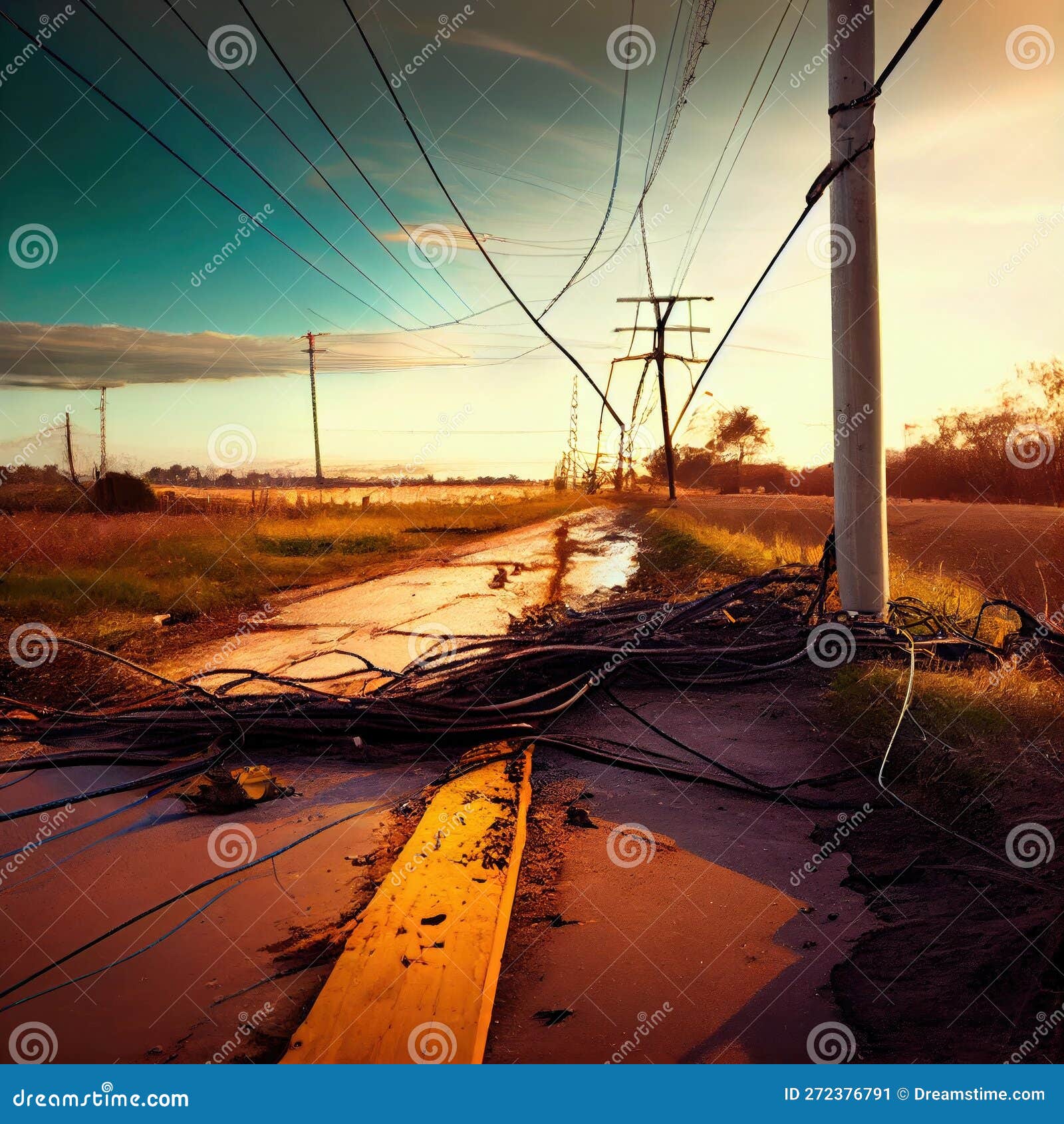 High Voltage Electrical Cables on Ground after Storm and Power Line ...
