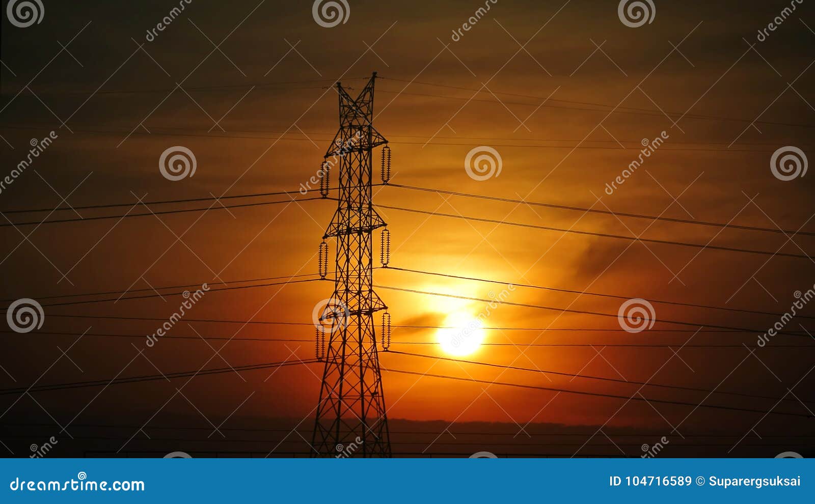 High Voltage Electrical Power Lines Column during Sunset Stock Image ...