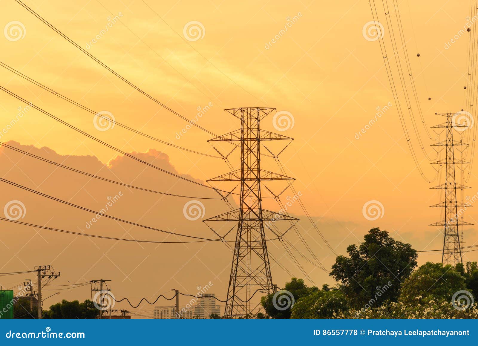 High Voltage Electricity Pylon System at Sunset Stock Photo - Image of ...