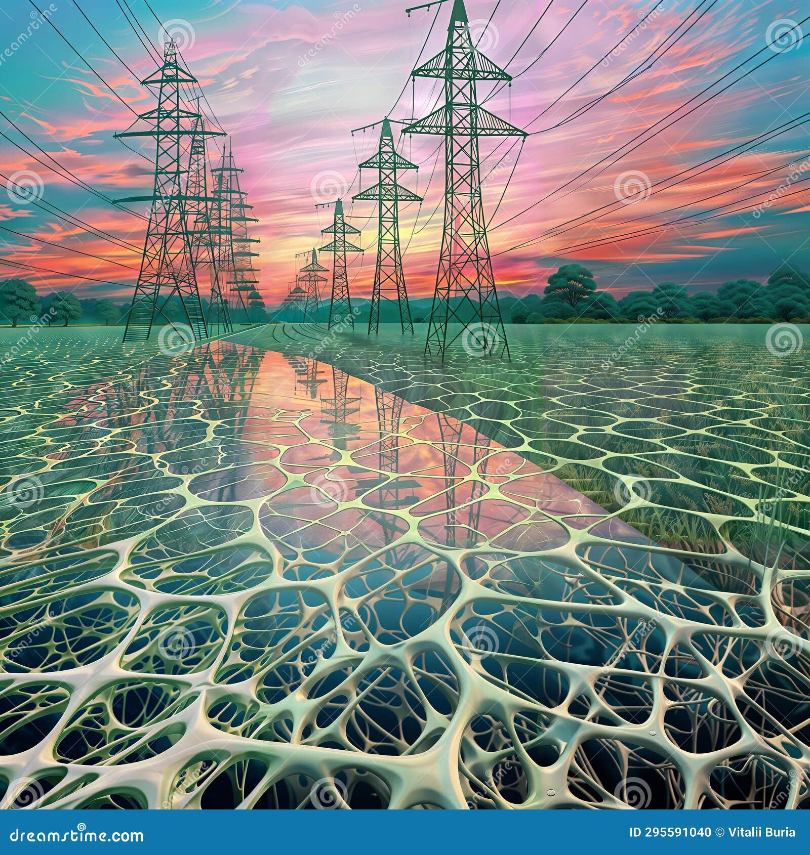 High Voltage Electricity Pylons at Sunset. 3D Render, Generative Ai ...