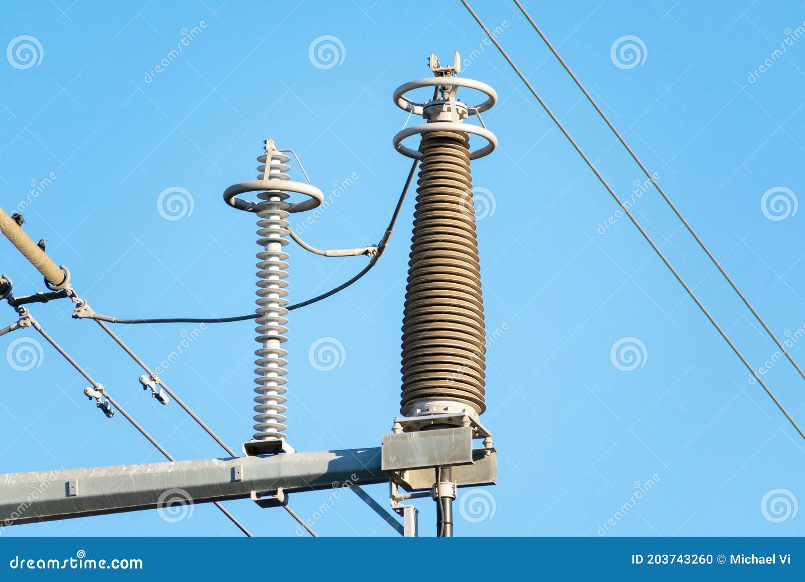 High Voltage Insulators on Overhead Electric Power Line Stock Photo ...