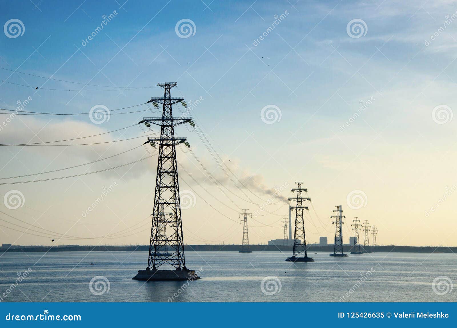 High-voltage Line Passing through the River Stock Image - Image of ...