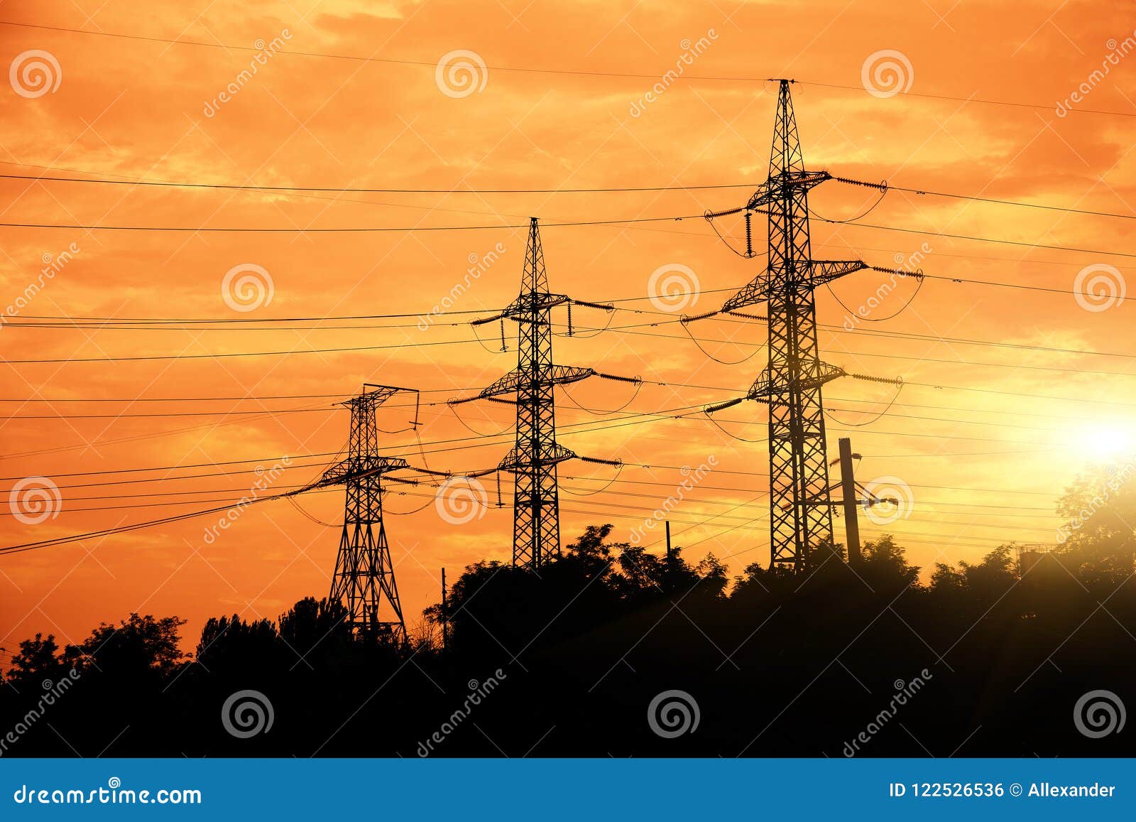 High-voltage Networks at Sunset Stock Photo - Image of transmission ...