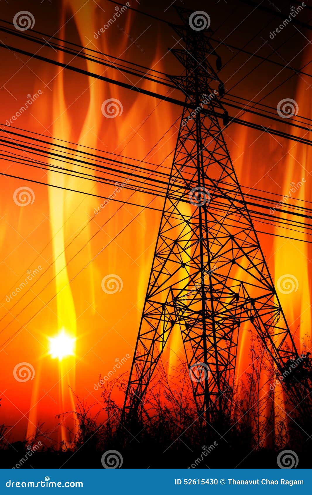 High Voltage Pole with a Flame Burning Stock Photo - Image of ...