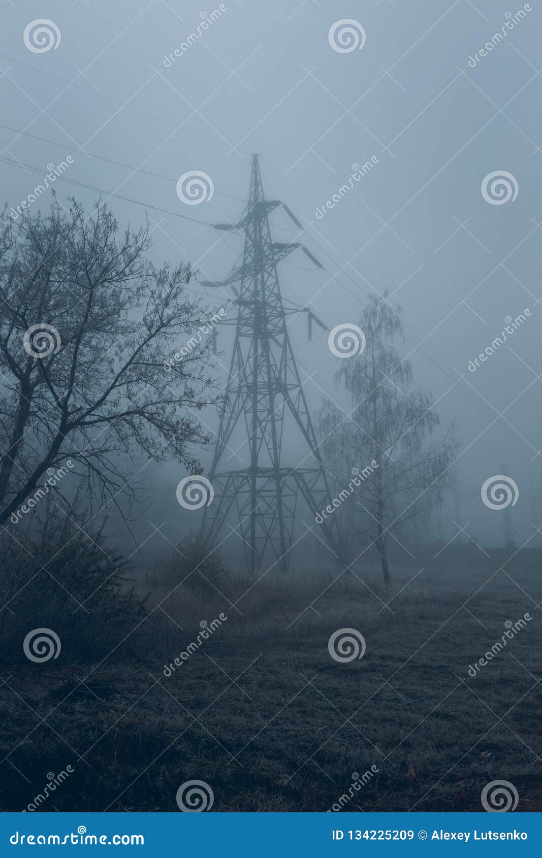 High-voltage Pole in the Mist Stock Image - Image of background, misty ...