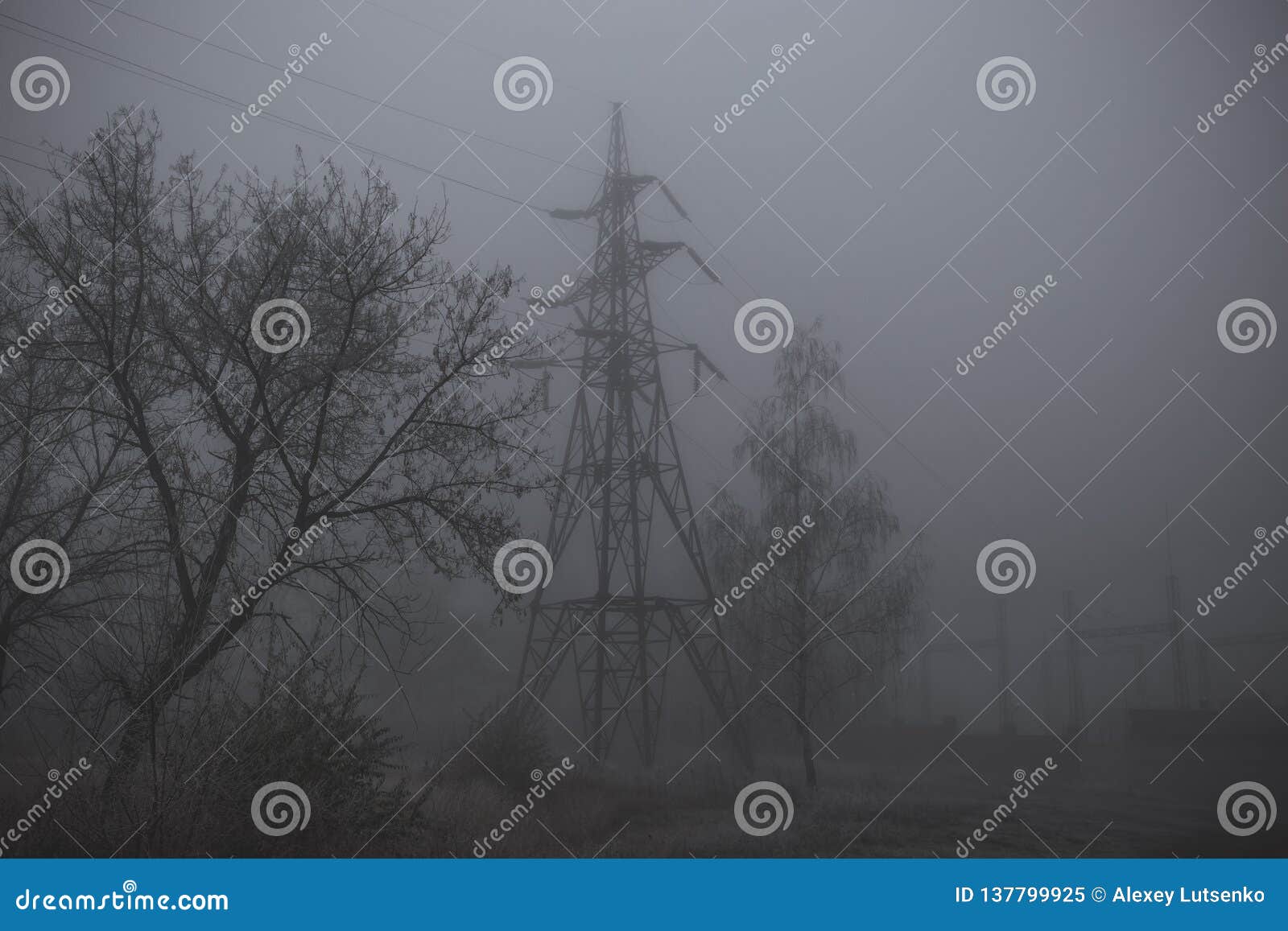 High-voltage Pole in the Mist Stock Image - Image of foggy, environment ...
