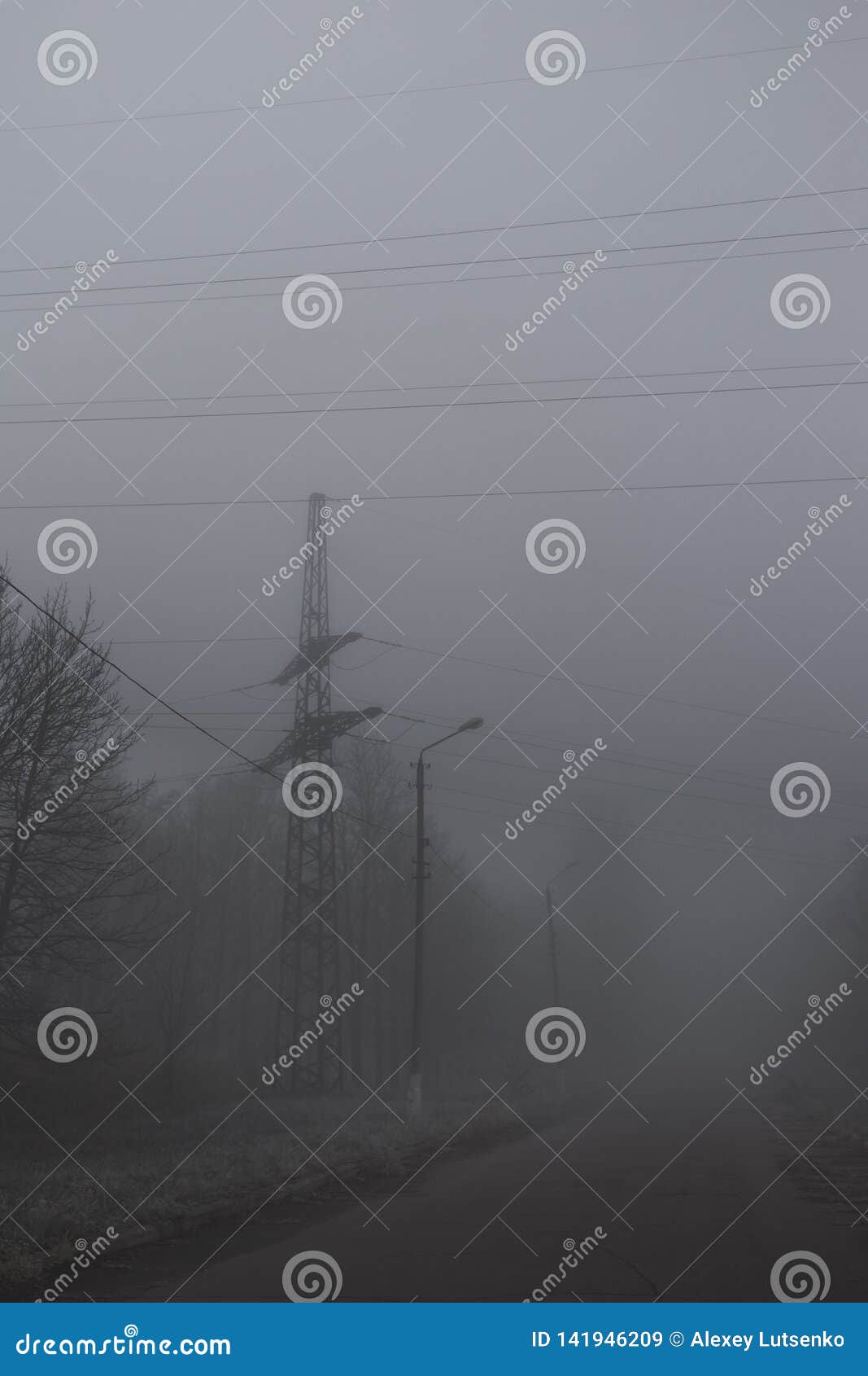High-voltage Pole in the Mist Stock Image - Image of frost ...