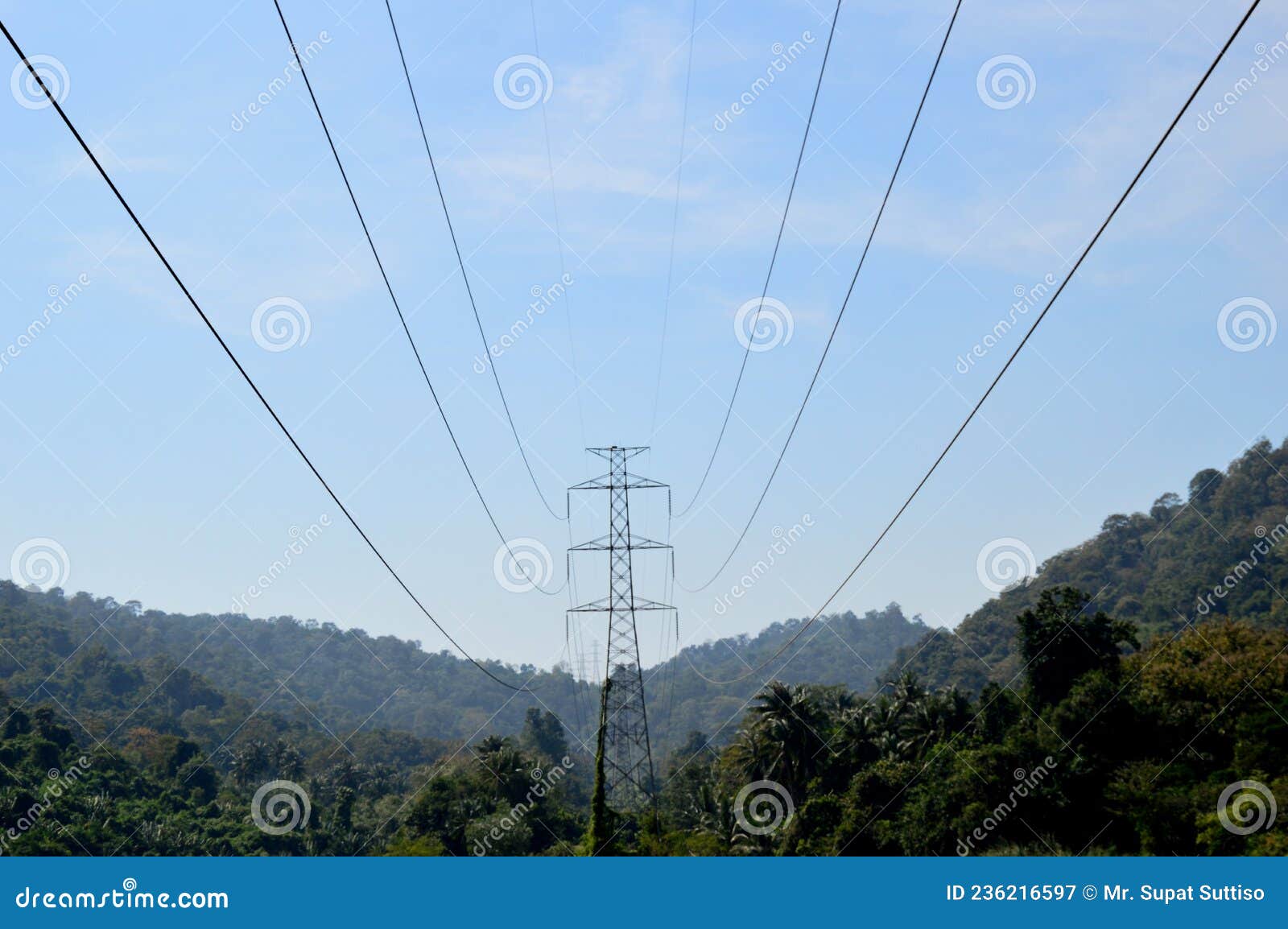 High Voltage Poles and Mountains. Concept of Electrical Engineering Technology Stock Image ...