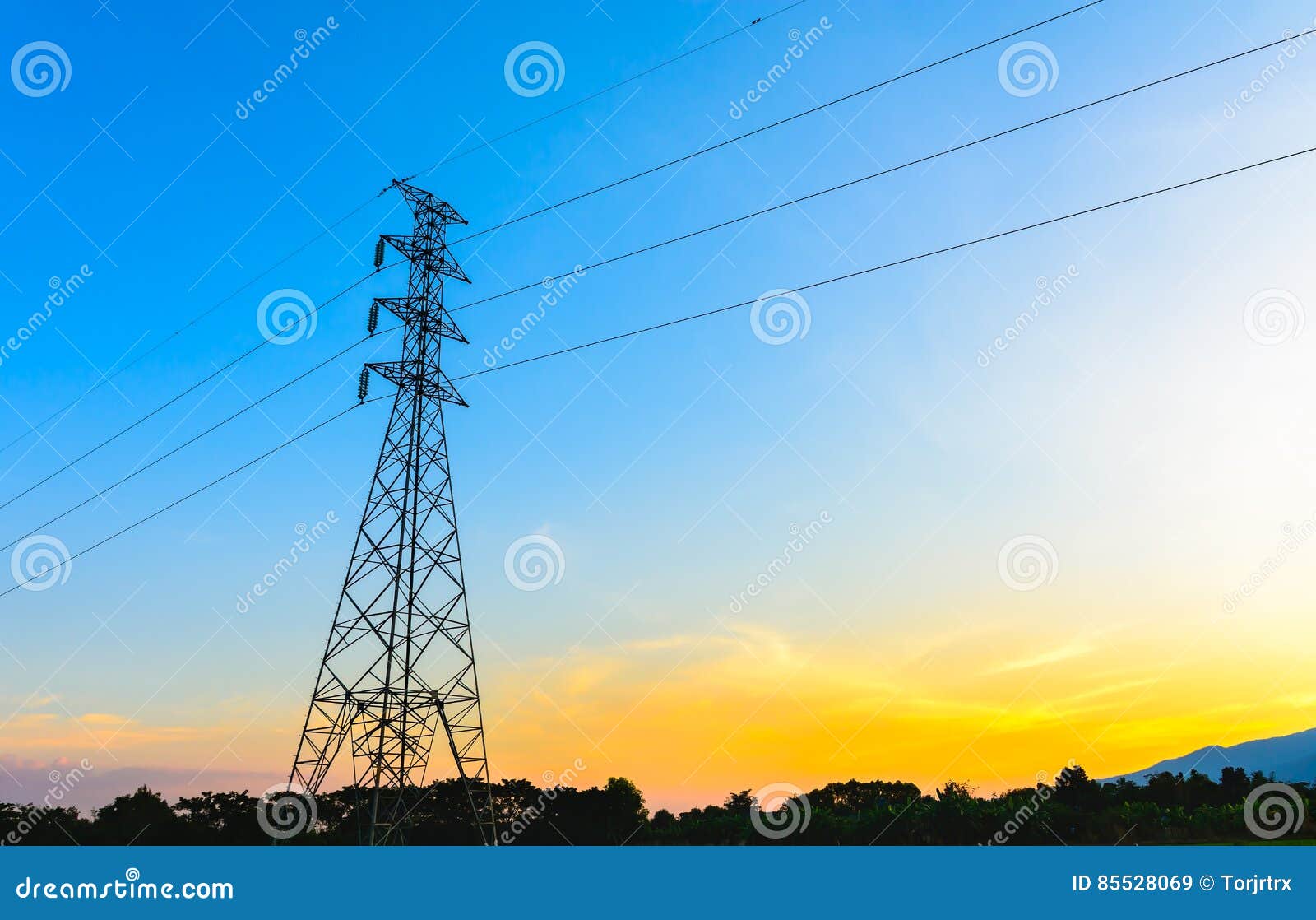 High Voltage Post,Electricity Pylons and Lines at Sunset. Stock Image ...