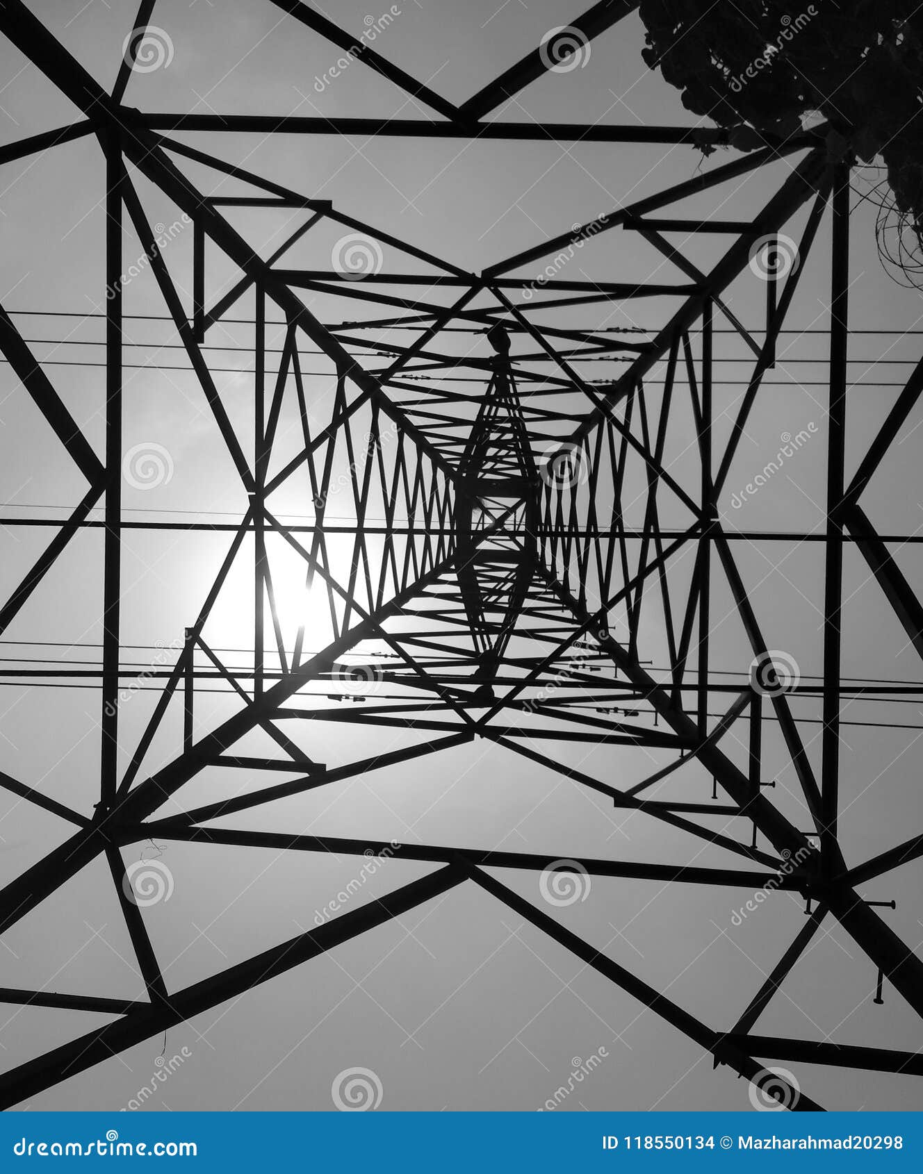 High Voltage Post Power Line Overhead Cables from Bottom View. Stock ...