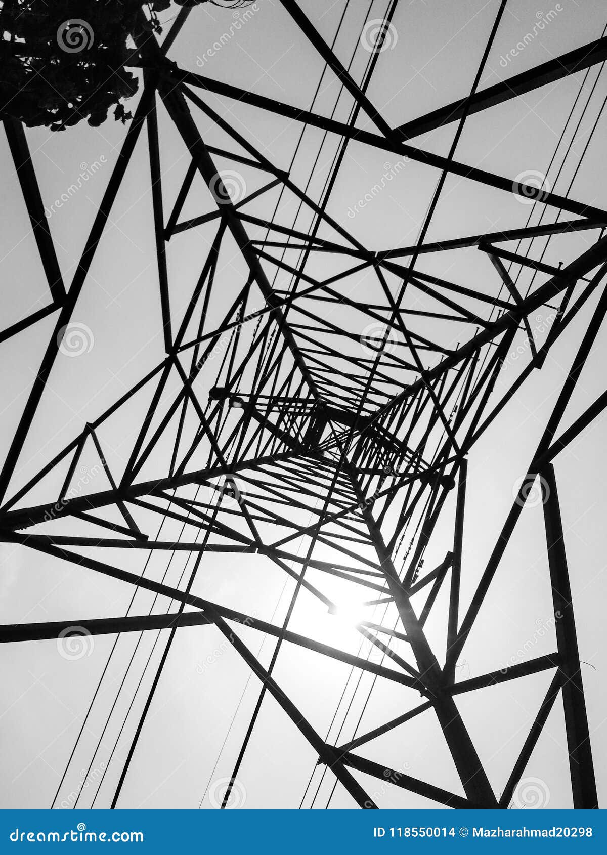 High Voltage Post Power Line Overhead Cables from Bottom View. Stock ...