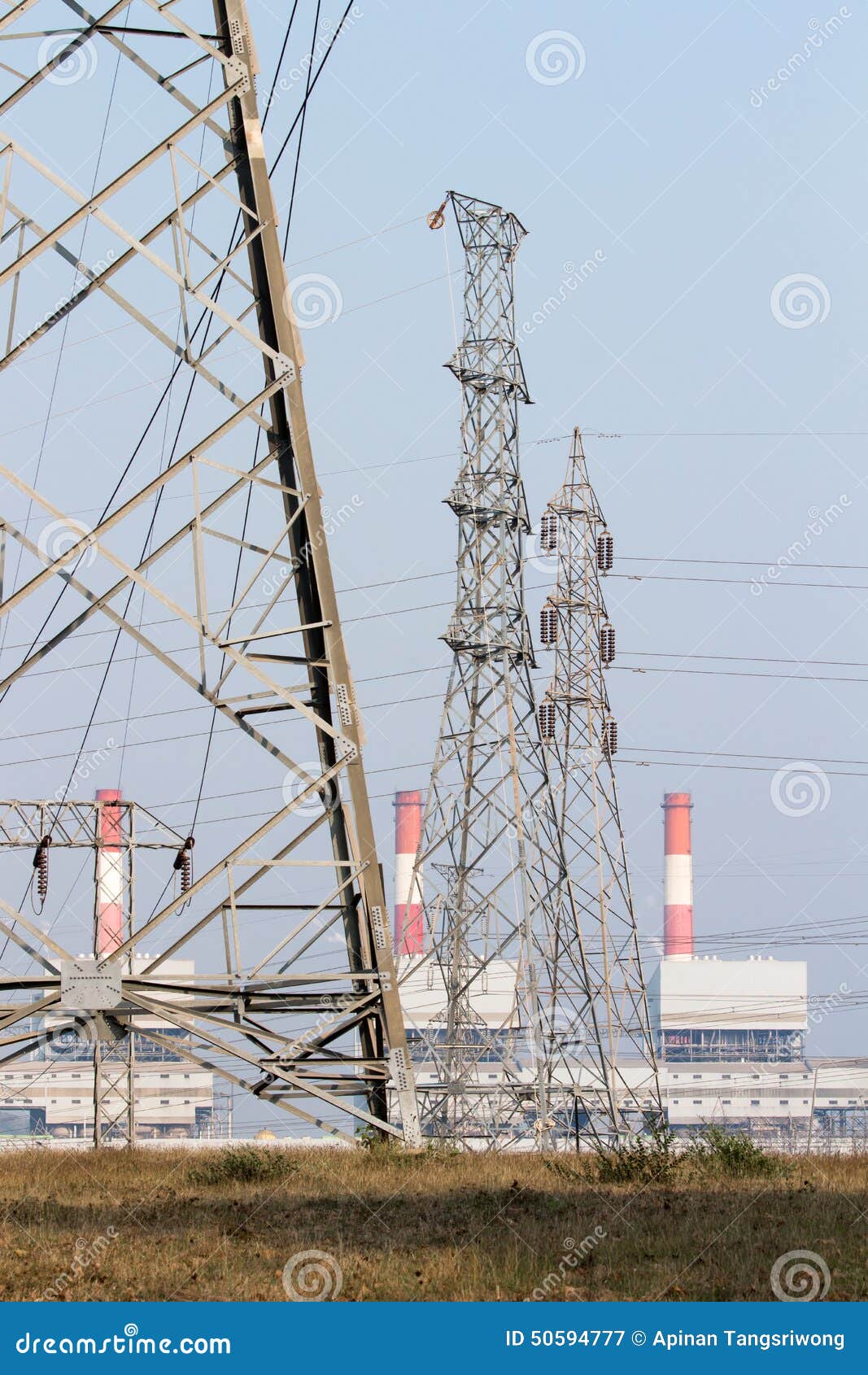 High Voltage Post and Power Plant Background Stock Image - Image of ...