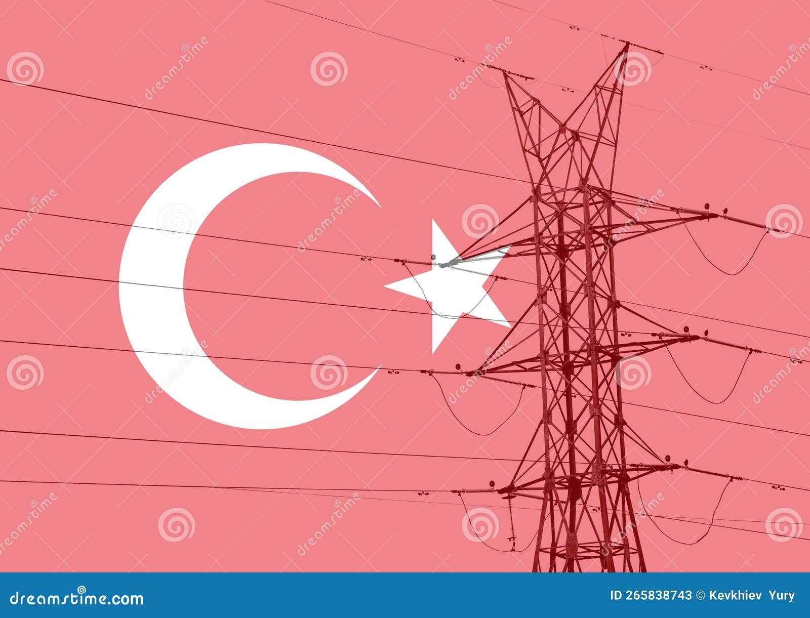 High Voltage Post or High Voltage Tower with Flag of the Turkey. Energy ...