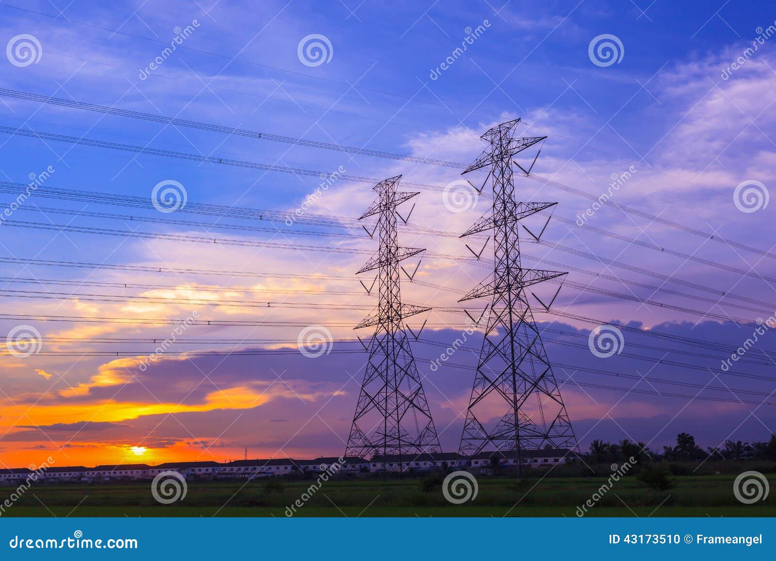 High Voltage Post Tower And Power Line On Sunset Sky Background Stock ...