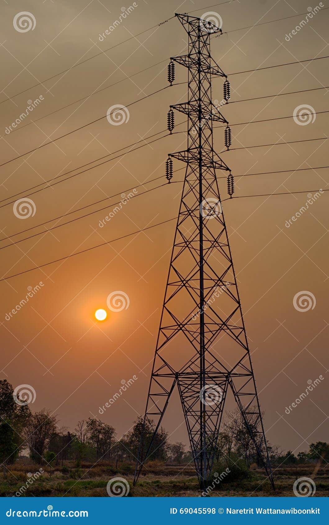High Voltage Post Tower and Power Line on Sunset Sky Background Stock ...