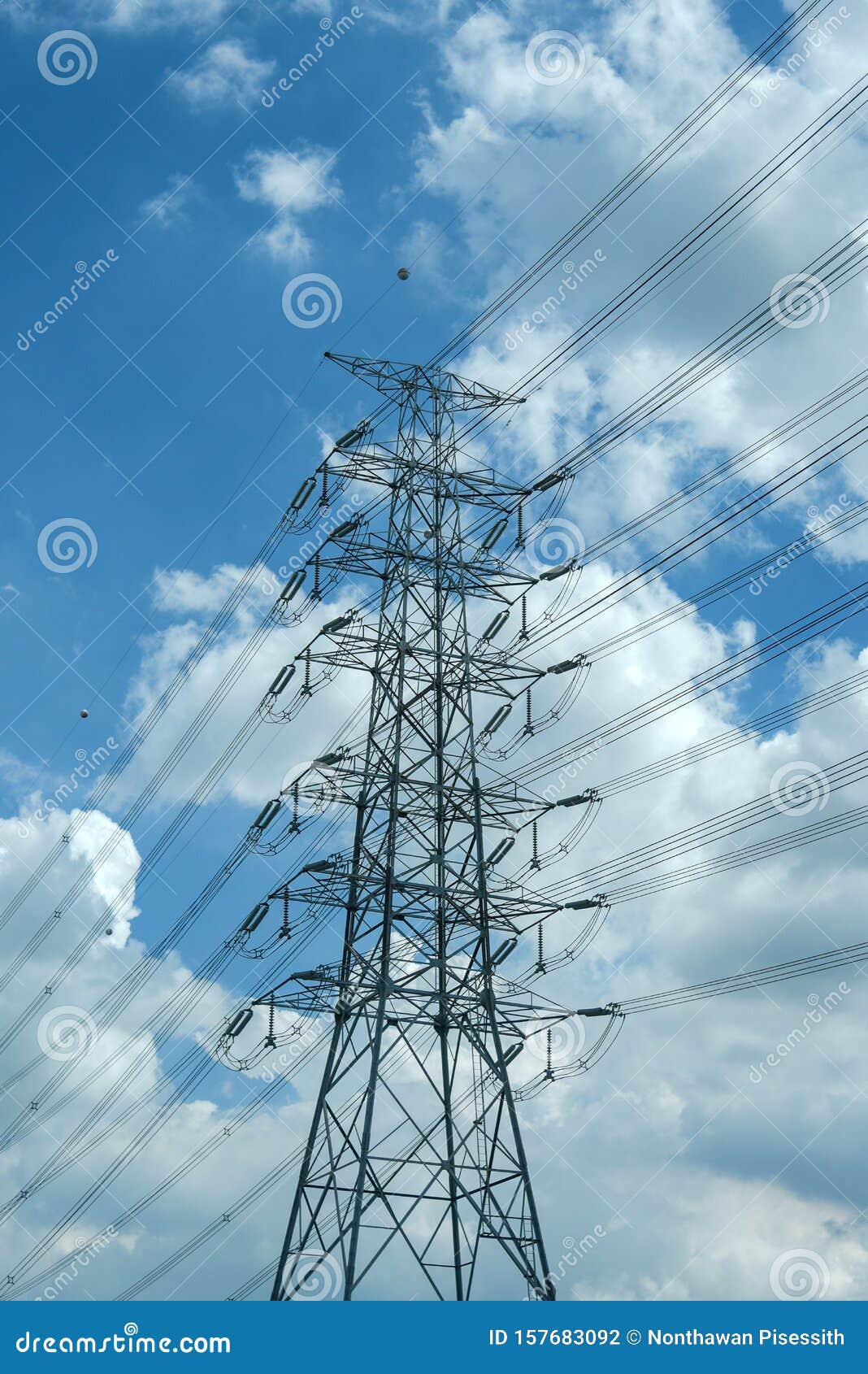 High Voltage Power Electric Pole Wire Blue Cloudy Sky Stock Photo ...