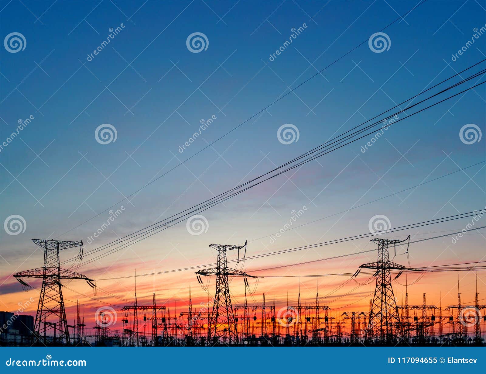 High Voltage Power Grid, in the Sunset. Stock Image - Image of powerful ...