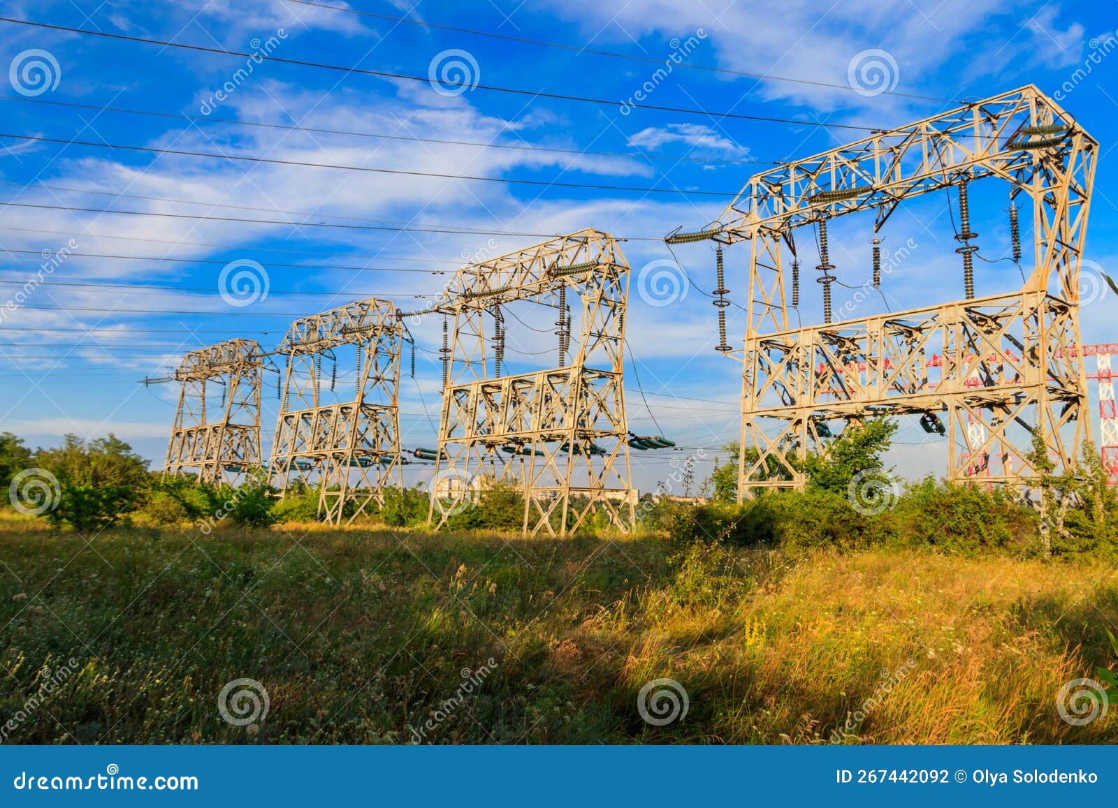 High Voltage Power Line Against Blue Sky Stock Photo - Image of energy ...