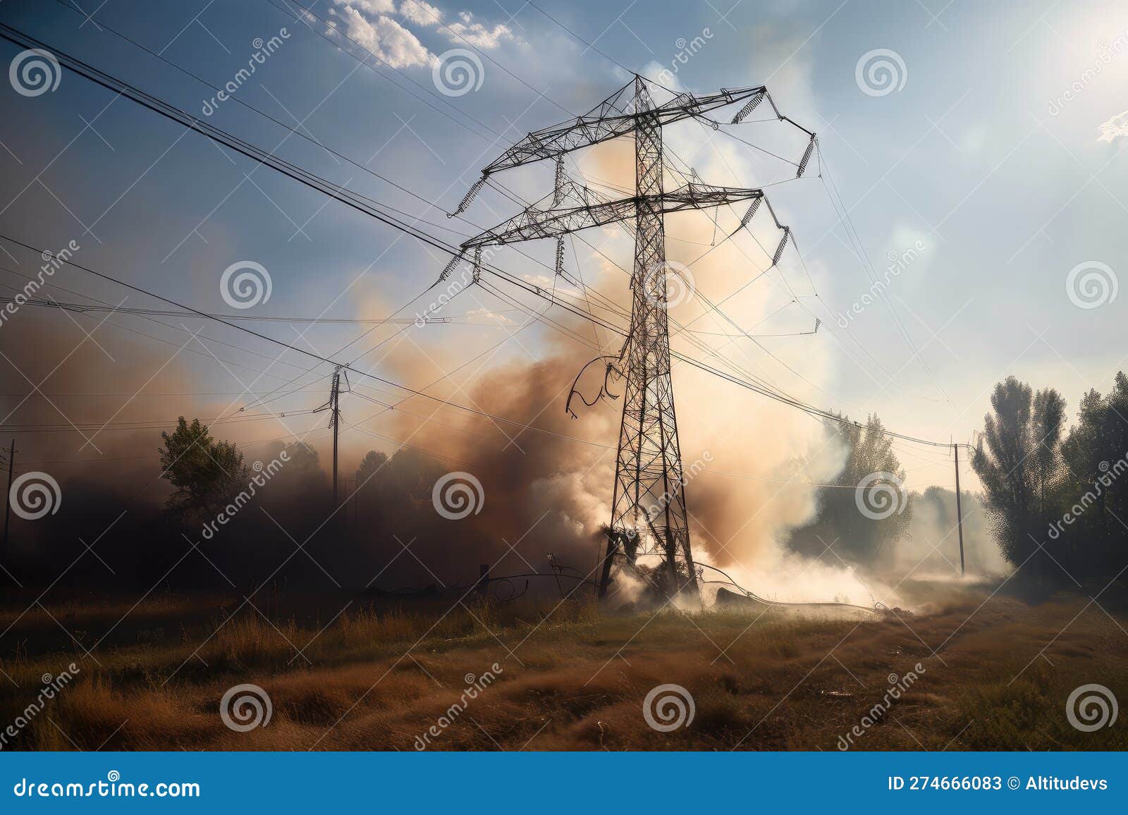 High-voltage Power Line Breaking, Causing Sparking and Smoke Stock ...