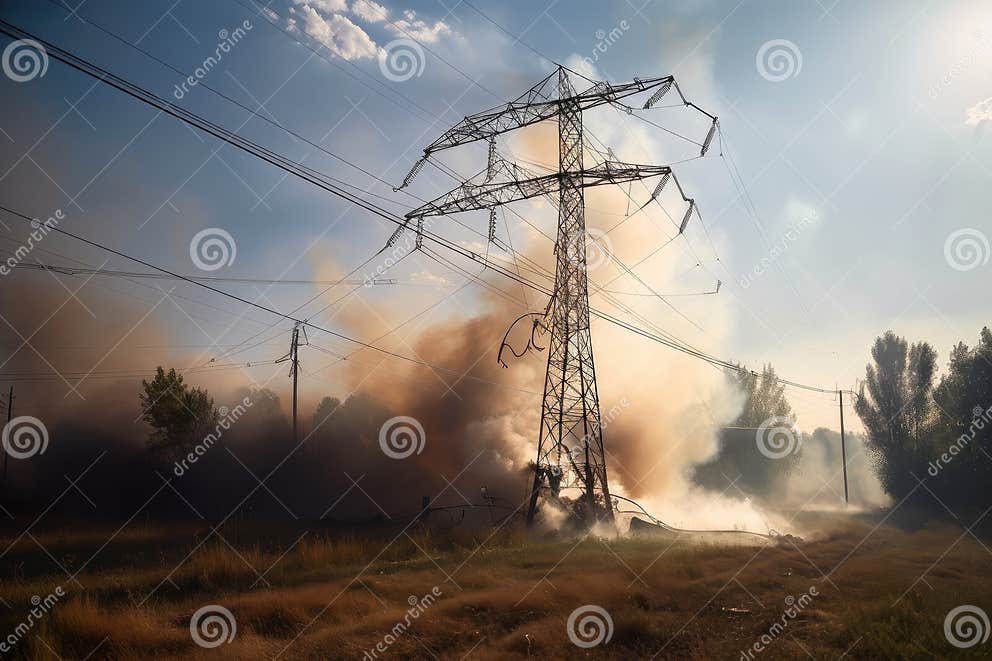 High-voltage Power Line Breaking, Causing Sparking and Smoke Stock ...