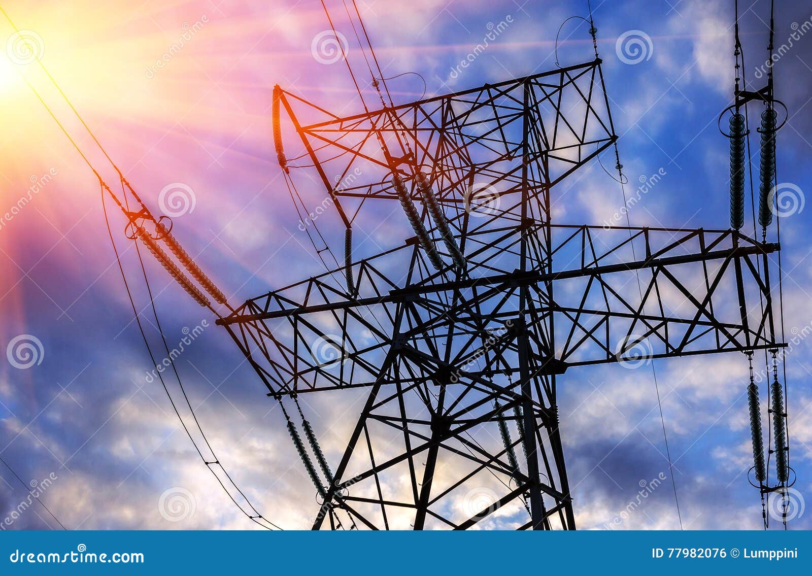 High-voltage Power Line Close-up at Sunset Stock Photo - Image of ...