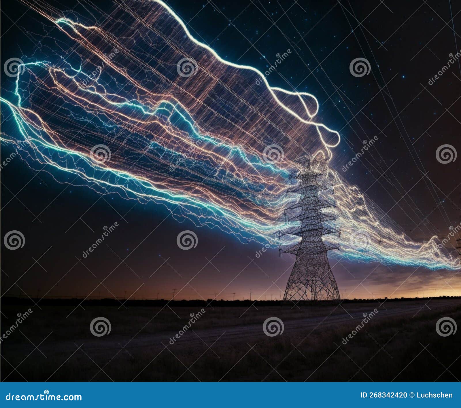 High Voltage Power Line with Lightning Flashes on a Night Landscape ...