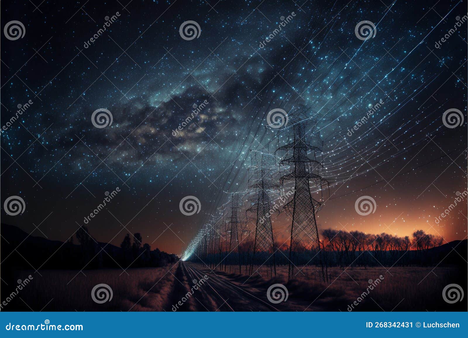 High Voltage Power Line with Lightning Flashes on a Night Landscape ...