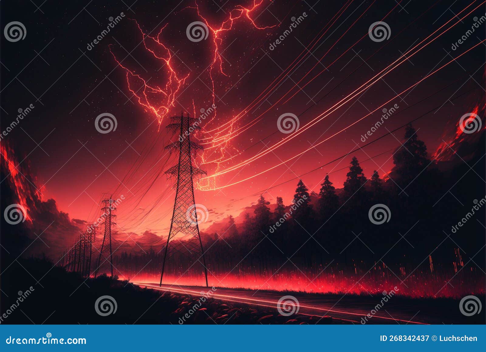 High Voltage Power Line with Lightning Flashes on a Night Landscape ...
