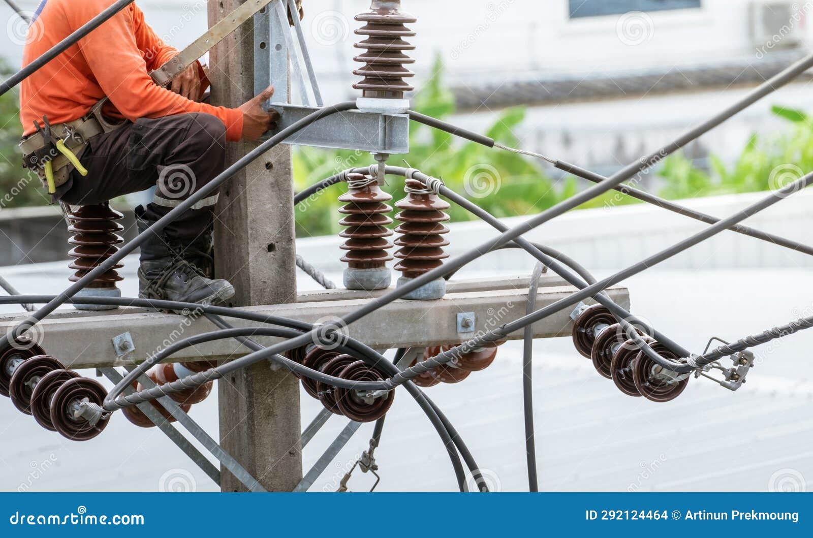 High Voltage Power Line Maintenance. Electrician at Work. Electrical ...