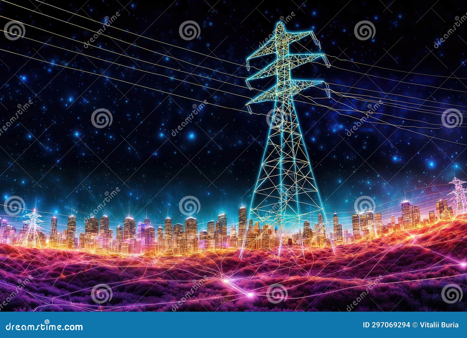 High Voltage Power Line and Modern City at Night. 3D Rendering ...