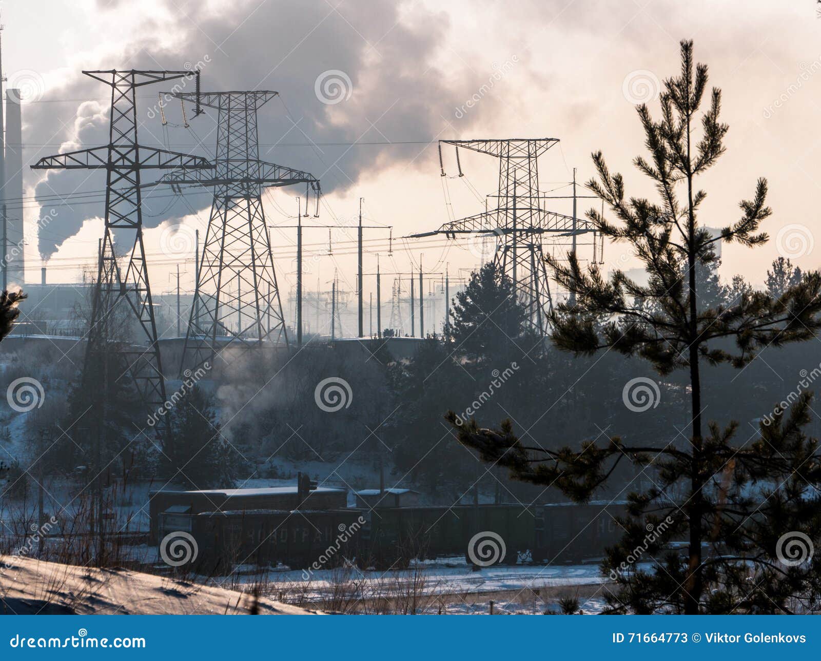 High-voltage Power Line in a Snowy Forest Stock Image - Image of ...