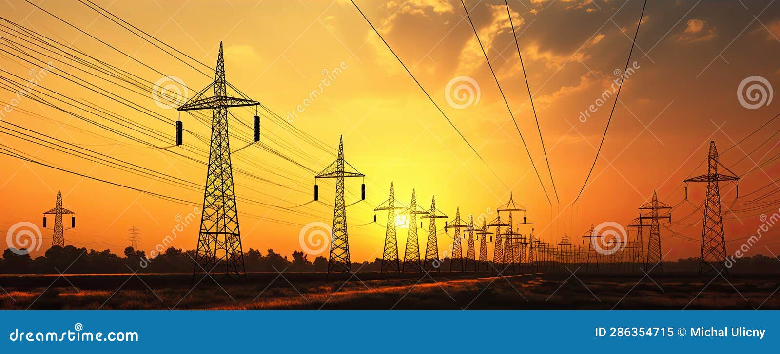 High Voltage Power Line at Sunset. Generative AI Stock Image - Image of ...