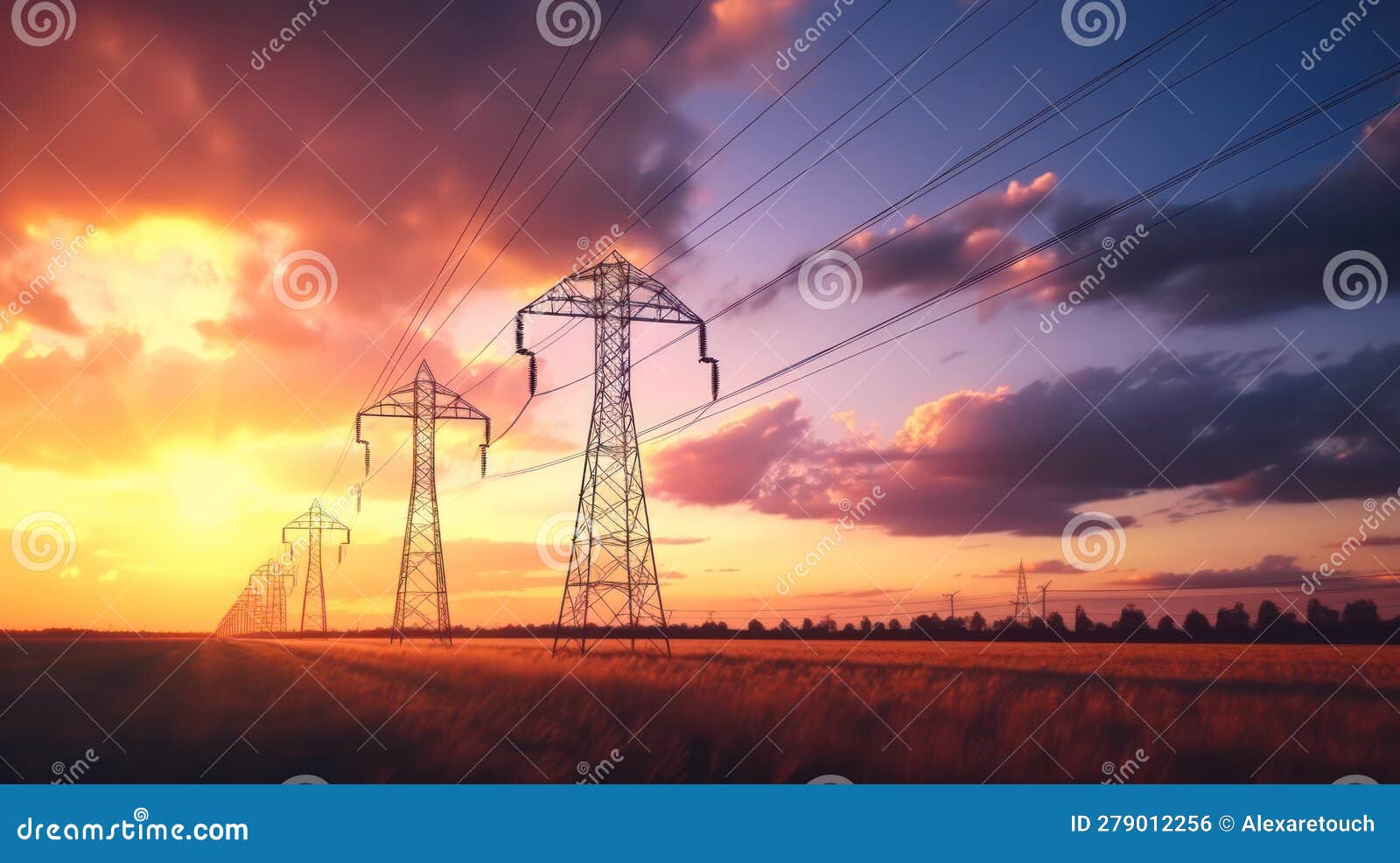 High Voltage Power Line at Sunset Stock Illustration - Illustration of ...