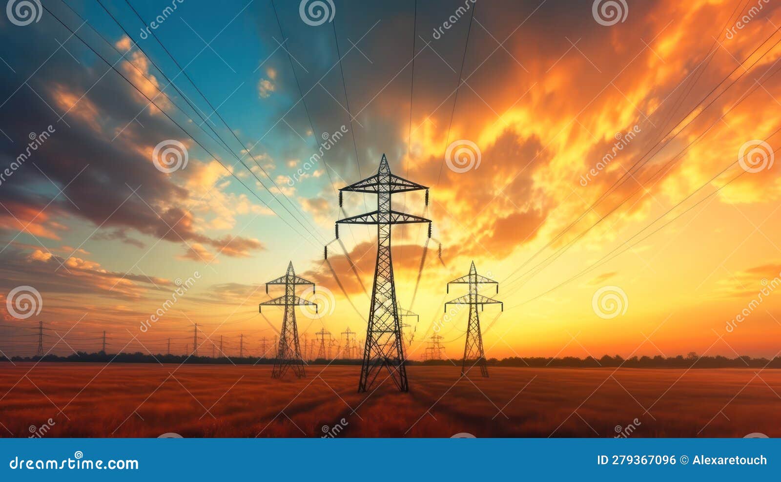 High Voltage Power Line at Sunset Stock Illustration - Illustration of ...