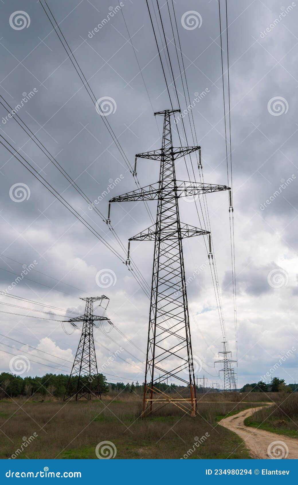 High-voltage Power Lines on the Background of a Beautiful Cloudy Sky ...