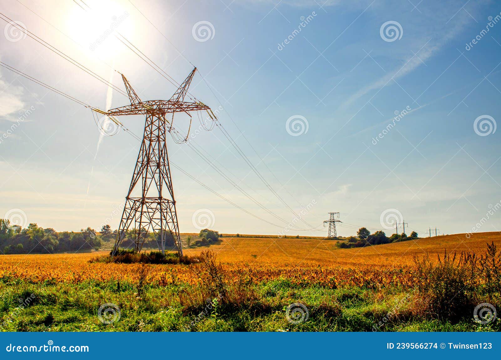 High Voltage Power Lines on Background of Blue Sky and Green Vegetation ...