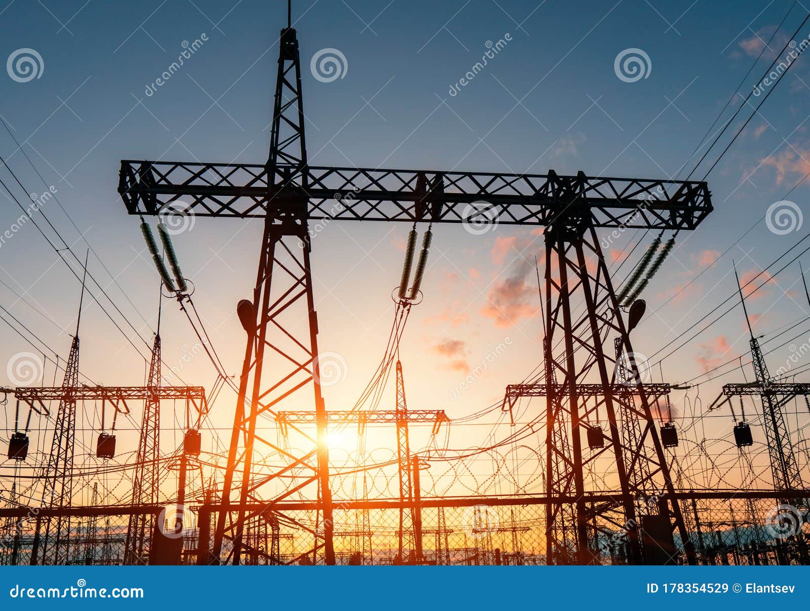High-voltage Power Lines. Distribution Electric Substation with Power ...
