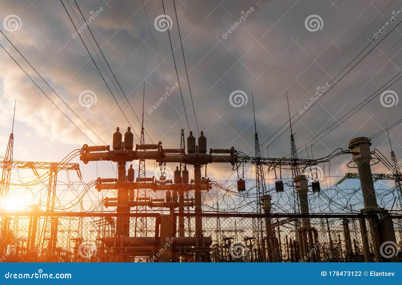 High-voltage Power Lines. Distribution Electric Substation with Power ...