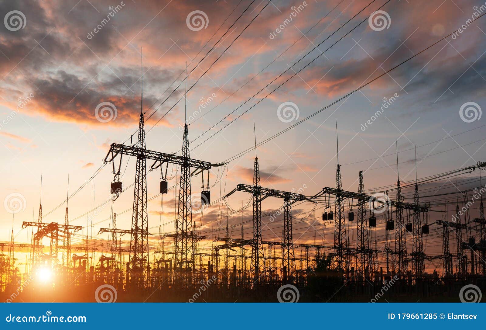 High-voltage Power Lines. Distribution Electric Substation with Power ...