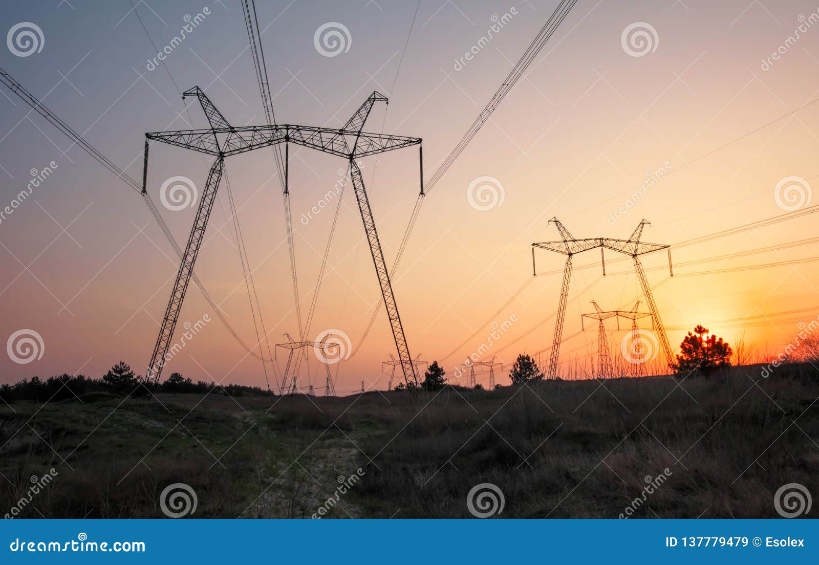 High-voltage Power Lines during Sunrise Stock Image - Image of abstract ...