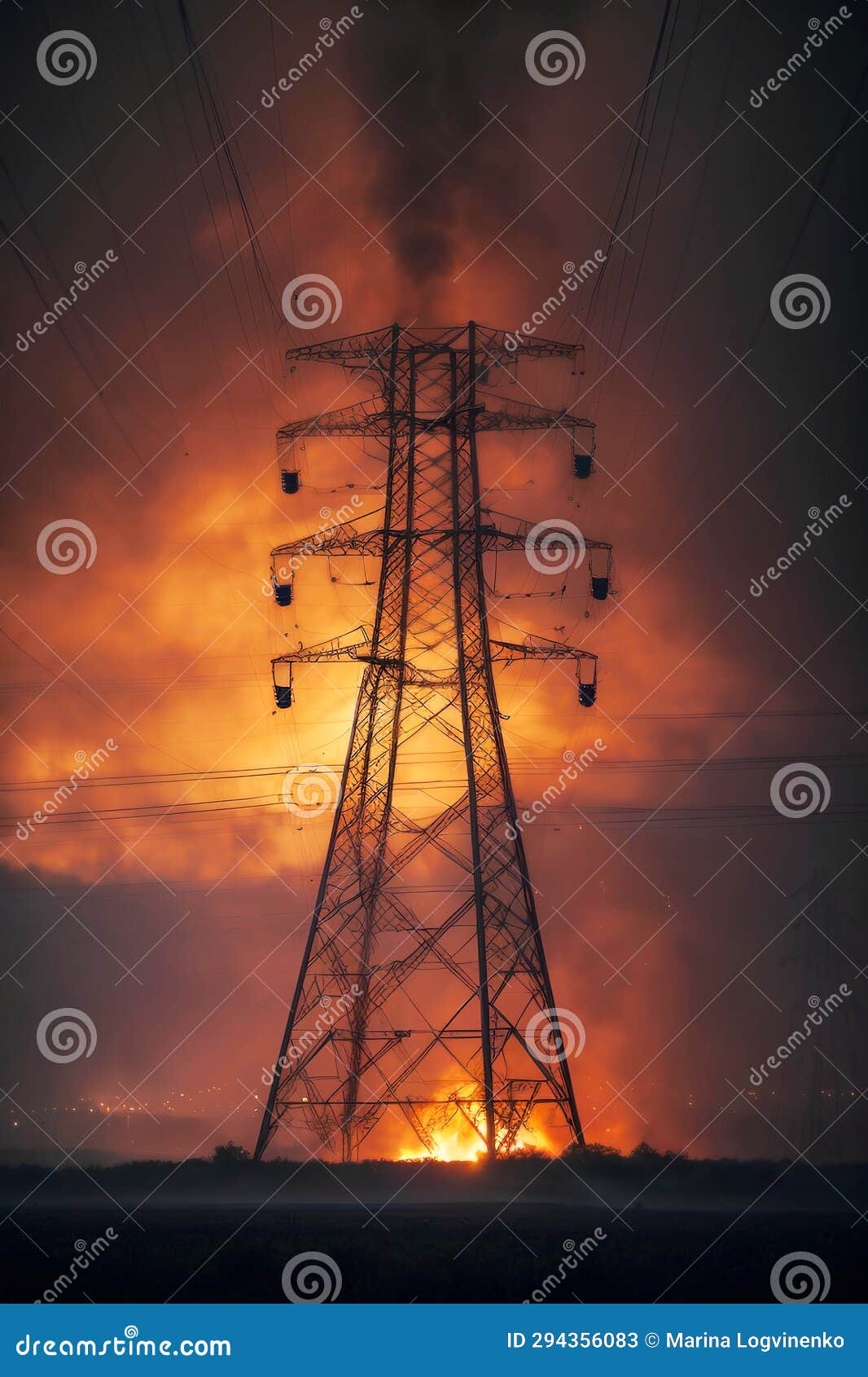 High Voltage Power Lines in a Fire. Electricity Distribution Station ...