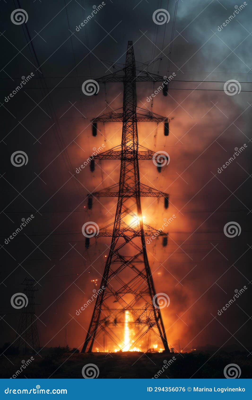 High Voltage Power Lines In A Fire. Electricity Distribution Station ...