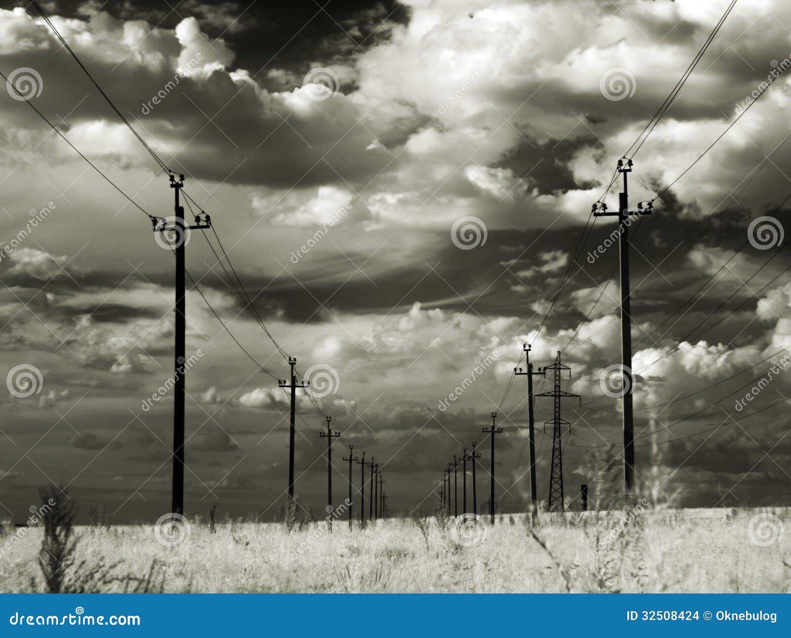 High-voltage Power Lines in the Steppe. Infrared. Stock Photo - Image ...