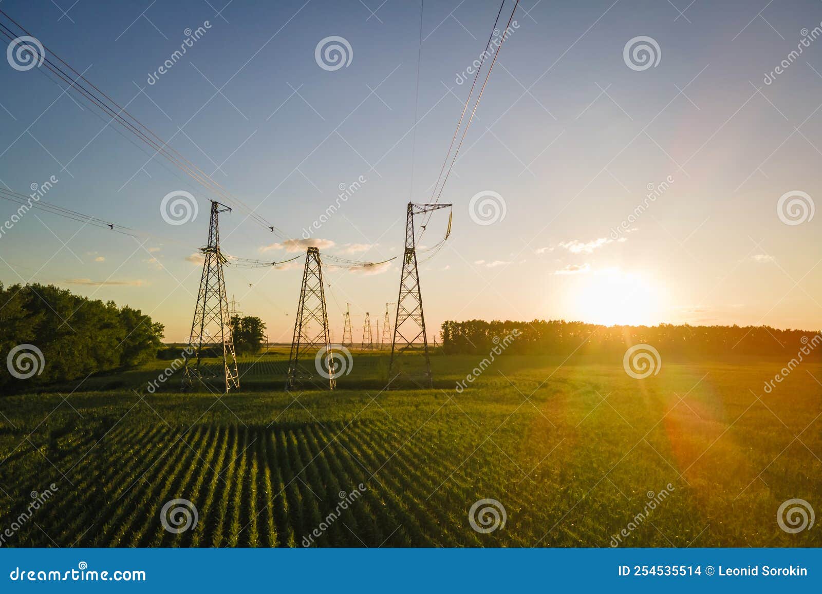 High Voltage Power Lines at Sunset Stock Photo - Image of distribution ...