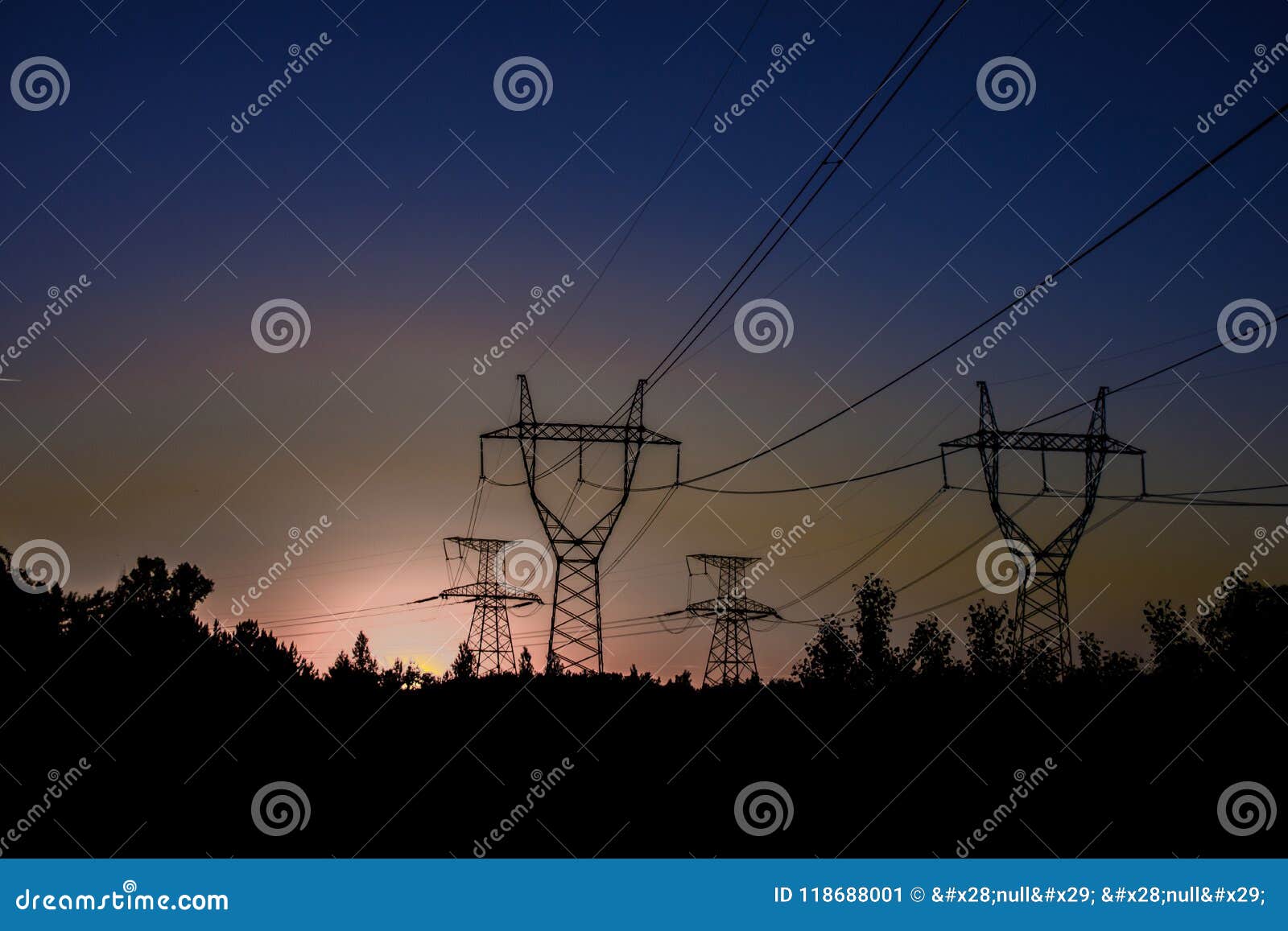 High-voltage Power Lines at Sunset. Electricity Distribution Sta Stock ...